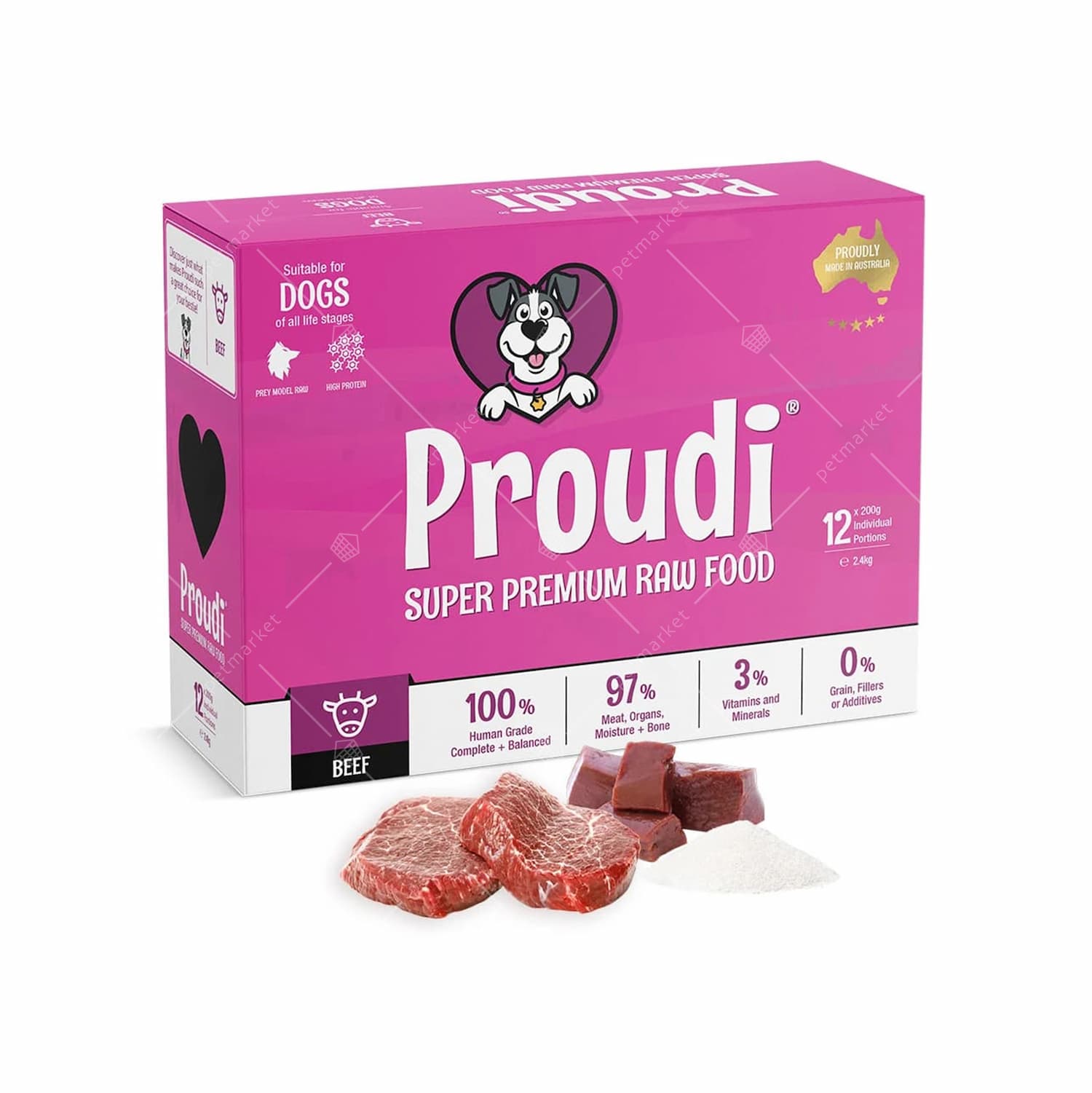 Proudi - 急凍生肉餅狗糧 200g x12片 [Single Protein Beef - 牛肉] | PetMarket 寵物用品速遞